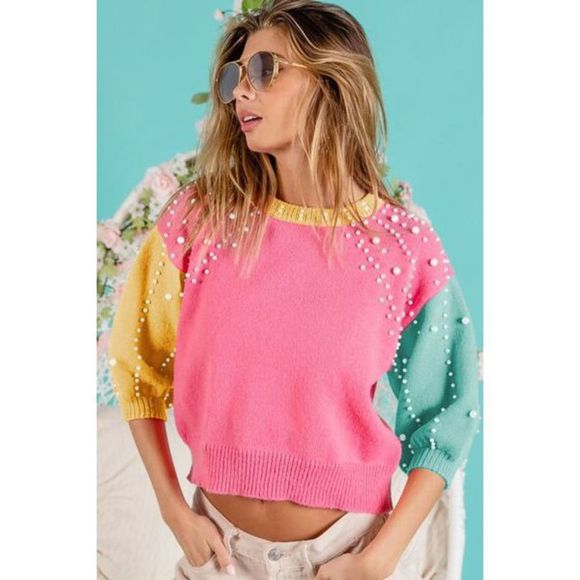 BiBi | Sweaters | Bibi Color Block Pearl Decor Cropped Sweater | Poshmark